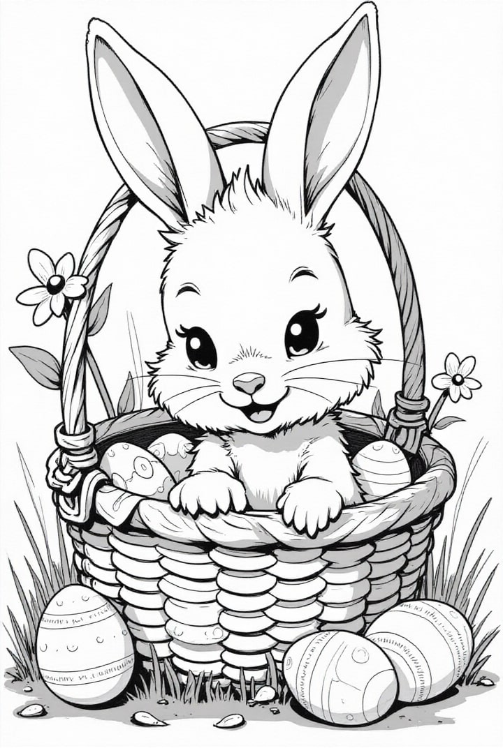 Disegno da Colorare di coniglietto pasquale nel cestino di Pasqua ...